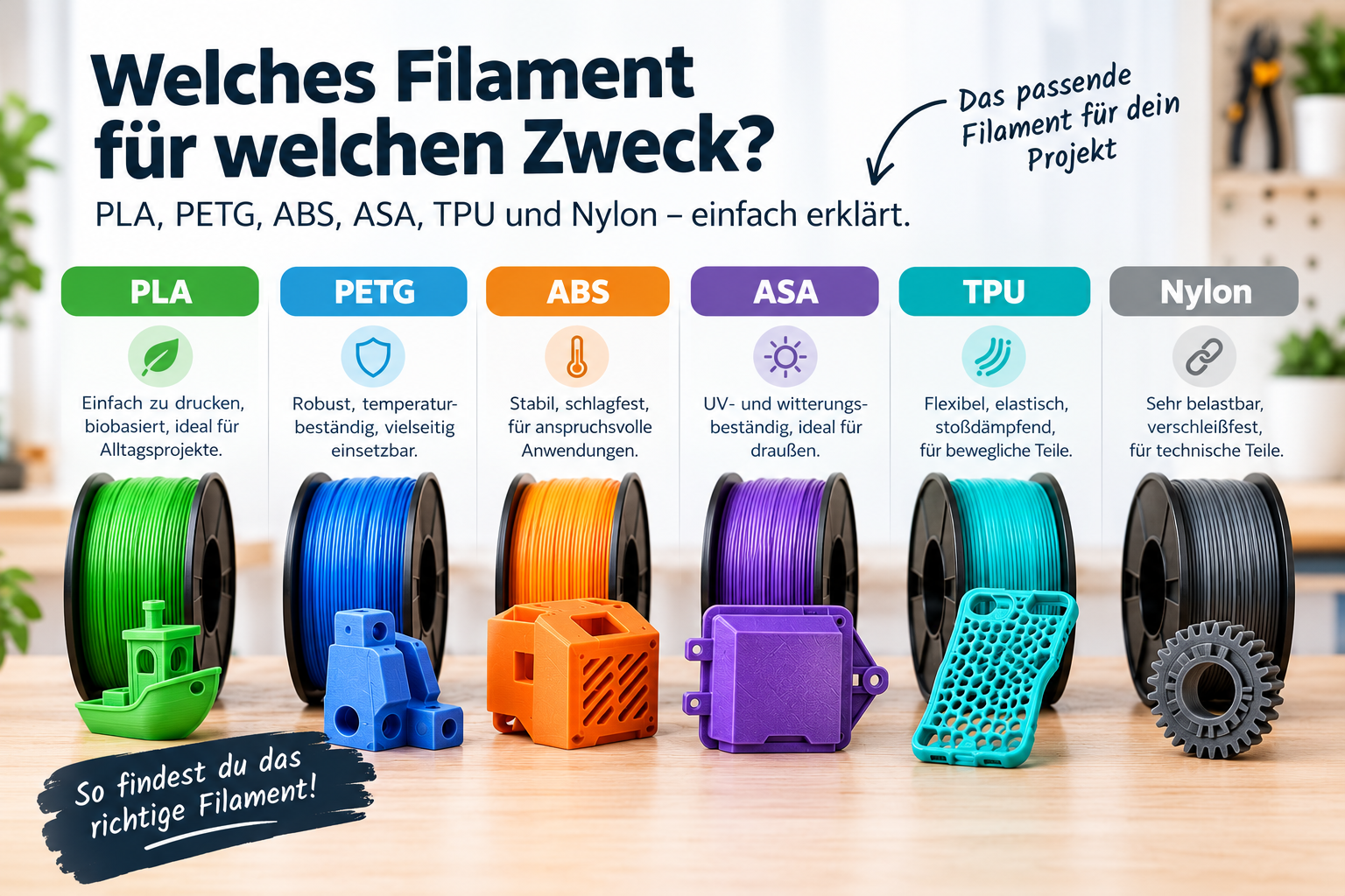 Welches Filament für welchen Zweck? PLA, PETG, ABS, ASA, TPU und Nylon ...